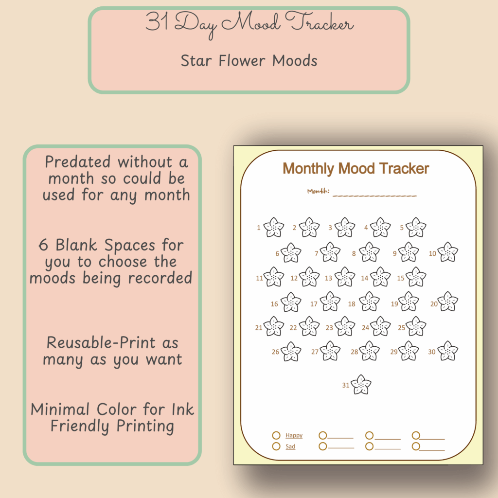 Printable Monthly Mood Tracker – Star Flower Theme – Letter Size PDF ...