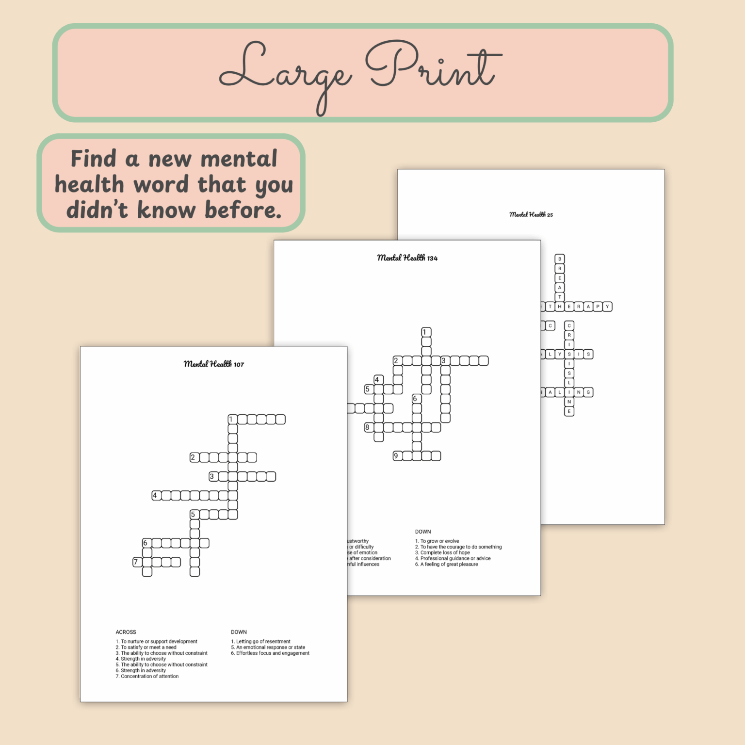 Mental Health Crossword Puzzle Book PDF | 150 Printable Puzzles ...
